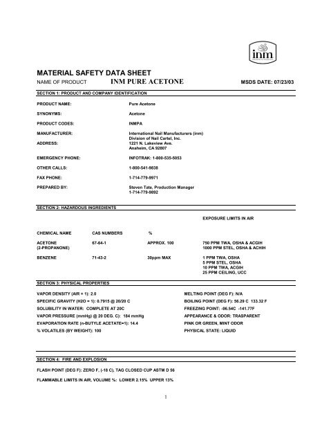 MATERIAL SAFETY DATA SHEET INM PURE ACETONE