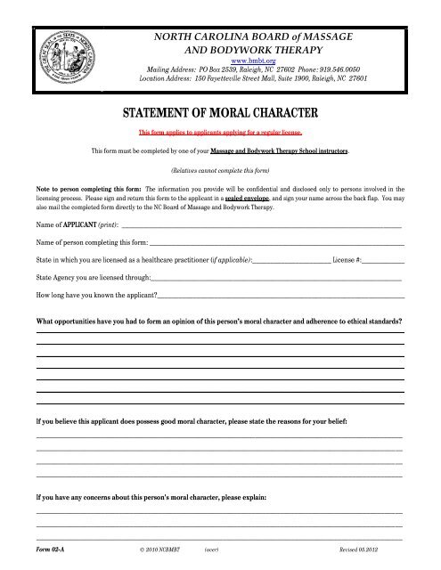 statement of moral character - North Carolina Board of Massage and ...