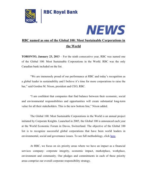RBC named as one of the Global 100: Most Sustainable ... - RBTT