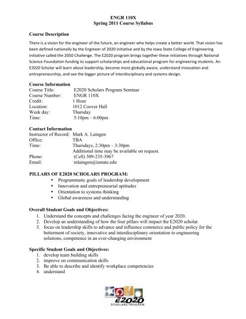 Sample ENGR110x syllabus - College of Engineering at Iowa State ... Sample ENGR110x syllabus - College of Engineering at Iowa State ...