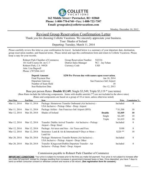 Revised Group Reservation Confirmation Letter - Rohnert Park ...