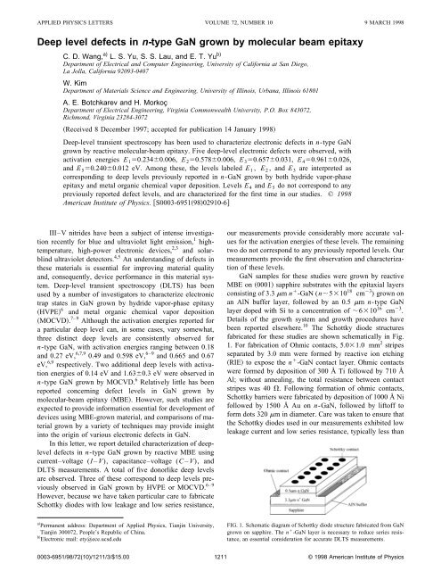 Deep level defects in n-type GaN grown by ... - Edward T. Yu