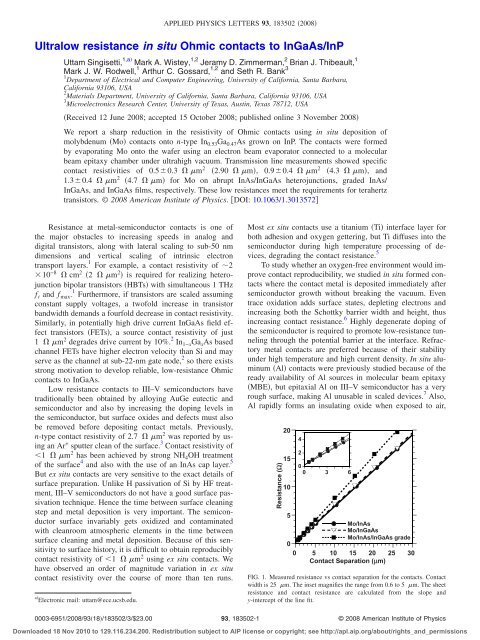 Ultralow resistance in situ Ohmic contacts to InGaAs/InP - Seth R. Bank