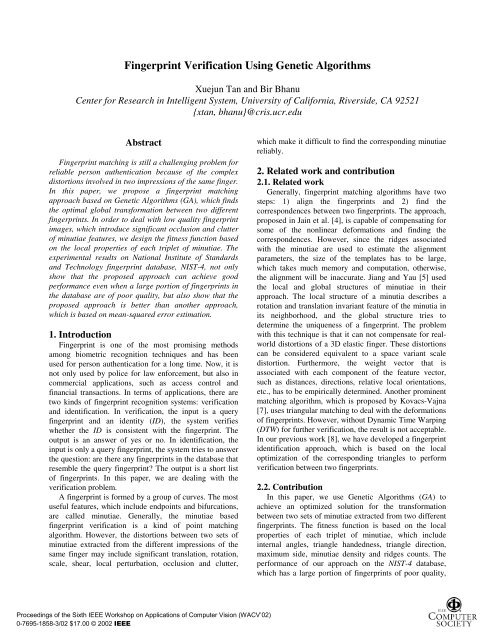 Fingerprint verification using genetic algorithms - VISLab - University ...
