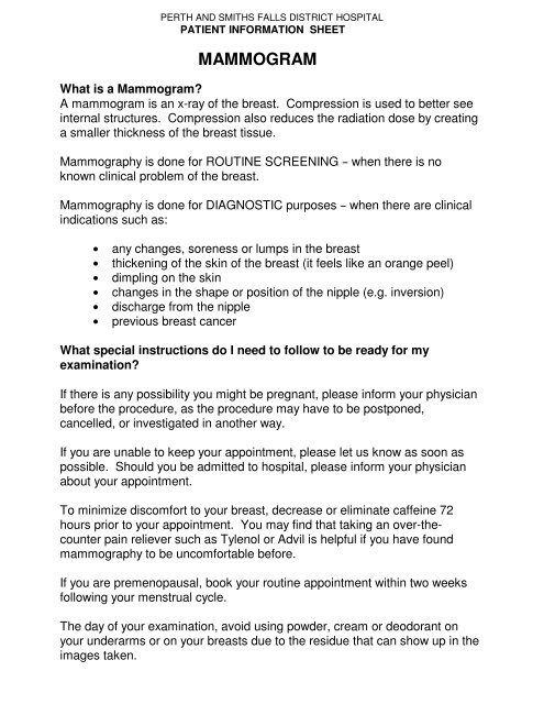 Patient Information Sheet – Mammogram - Perth & Smiths Falls ...