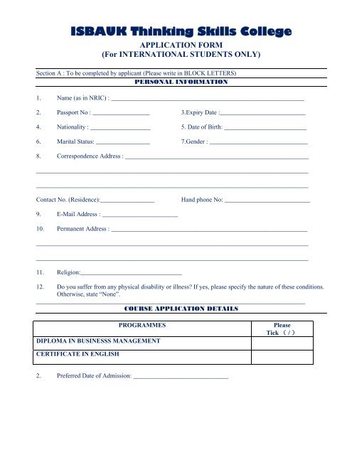 APPLICATION FORM - ISBAUK Thinking Skill College