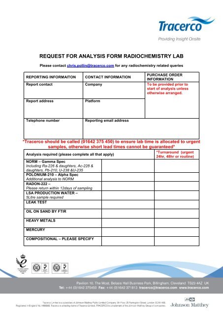 REQUEST FOR ANALYSIS FORM RADIOCHEMISTRY LAB - Tracerco