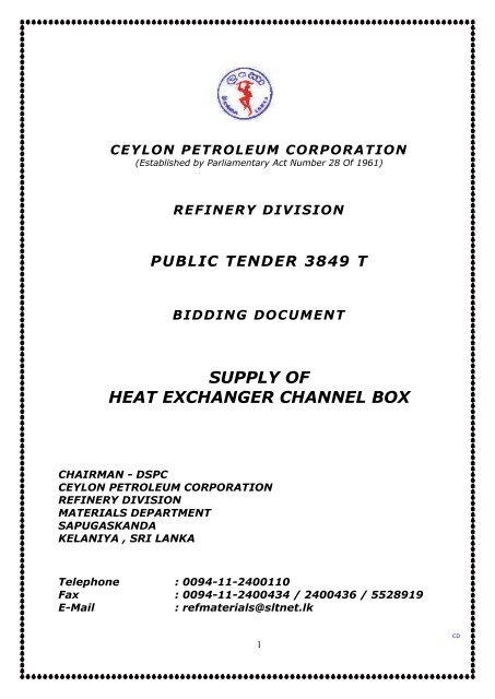supply of heat exchanger channel box - Ceylon Petroleum Corporation