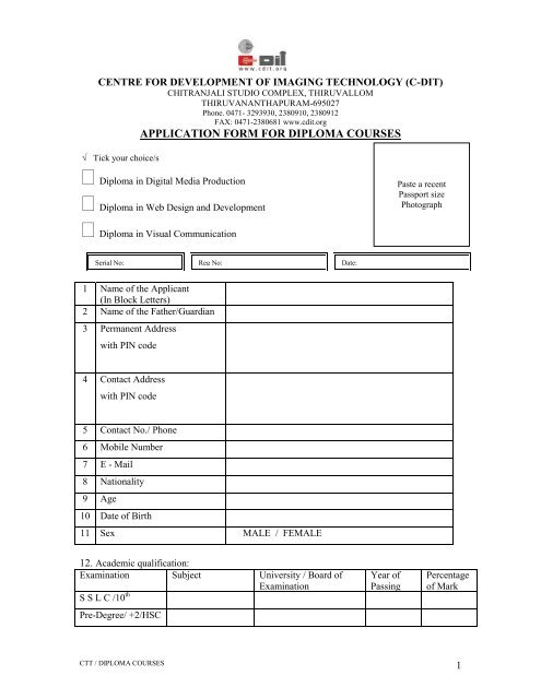 APPLICATION FORM FOR DIPLOMA COURSES - C-Dit