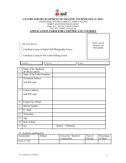 APPLICATION FORM FOR CERTIFICATE COURSES