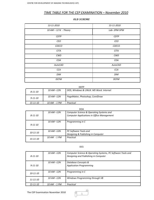 TIME TABLE FOR THE CEP EXAMINATION â November 2010 - C-Dit