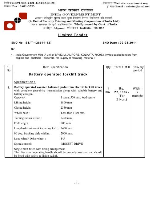 Limited Tender Battery operated forklift truck - The India Government ...