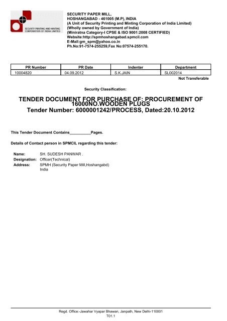 TENDER DOCUMENT FOR PURCHASE OF: PROCUREMENT OF ...