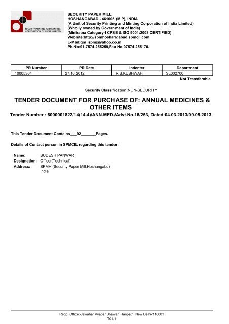 tender document for purchase of: annual medicines & other items