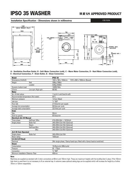 to down load Installation specification on the Ipso HC165 - Laundry ...