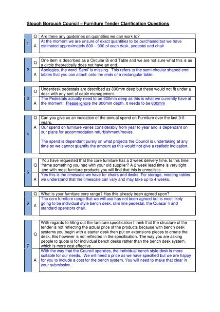 Slough Borough Council – Furniture Tender Clarification Questions