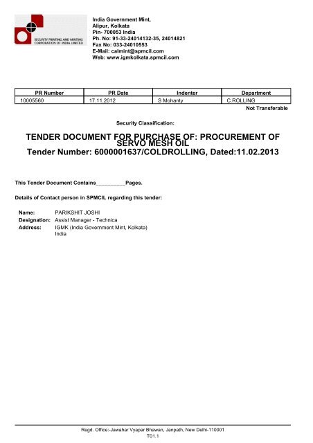 TENDER DOCUMENT FOR PURCHASE OF: PROCUREMENT OF ...