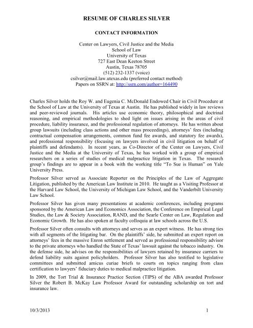 Major Publications of Charles Silver - The University of Texas at Austin