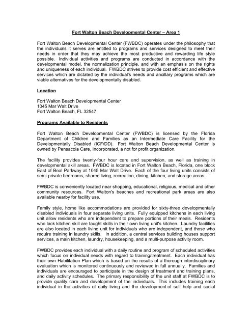 Fort Walton Beach Developmental Center - Florida ARF