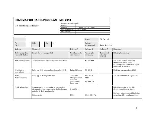 Handlingsplan for HMS 2013 - Det odontologiske fakultet