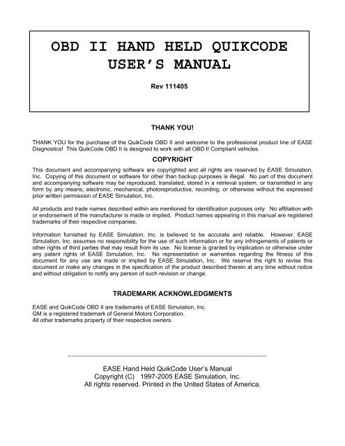 obd ii hand held quikcode user's manual - EASE Diagnostics