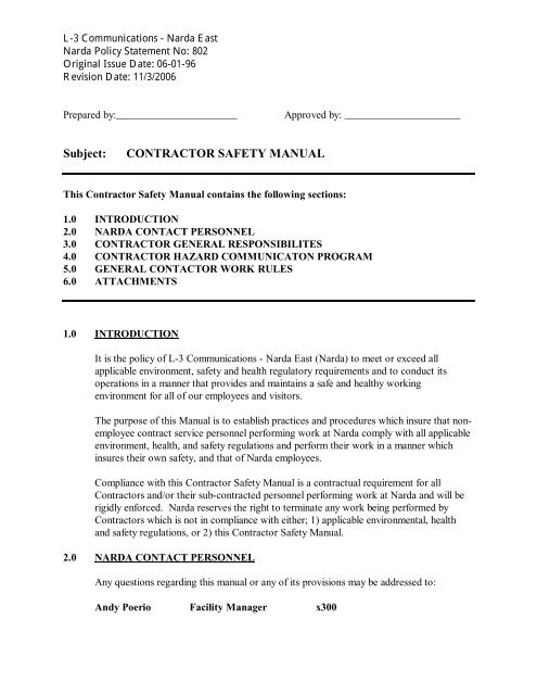 Subject: CONTRACTOR SAFETY MANUAL - Narda