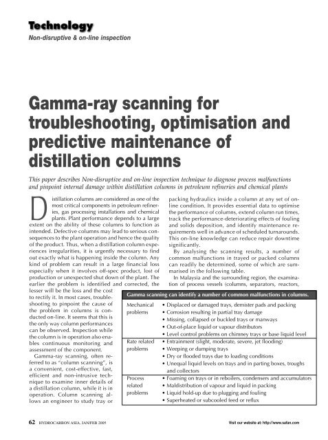 Gamma-ray scanning for troubleshooting, optimisation and ...