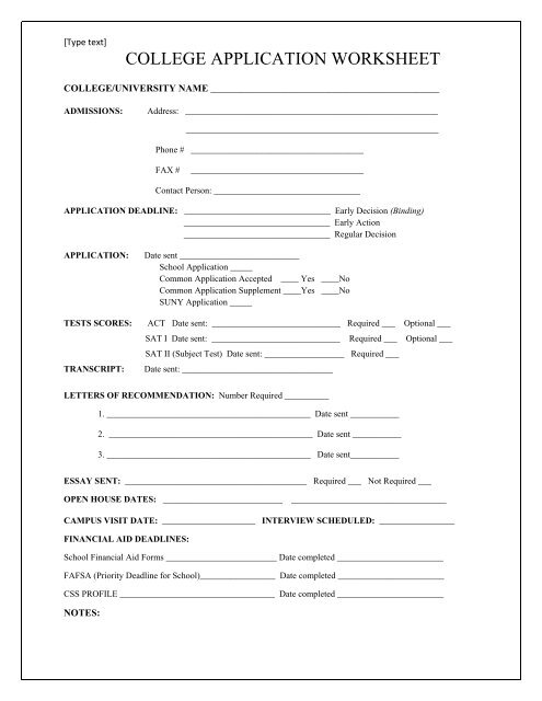 college application worksheet - Chatham Central School District