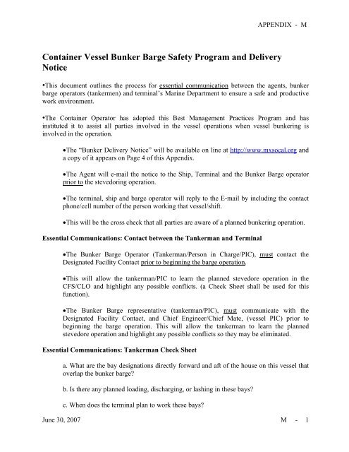 Container Vessel Bunker Barge Safety Program and Delivery Notice