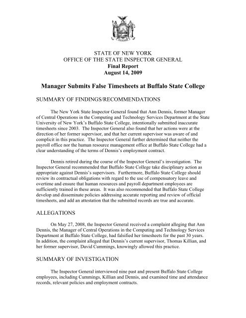 Manager Submits False Timesheets at Buffalo State College, 8/14/09