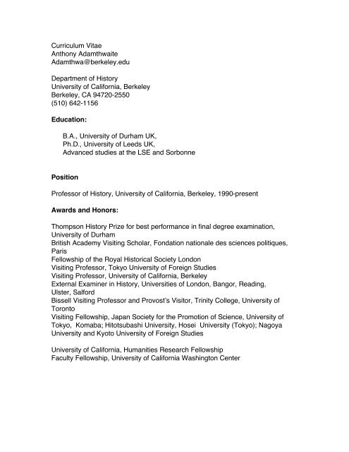 Curriculum Vitae Anthony Adamthwaite Adamthwa@berkeley.edu ...