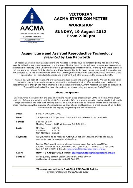 VICTORIAN AACMA STATE COMMITTEE WORKSHOP SUNDAY ...