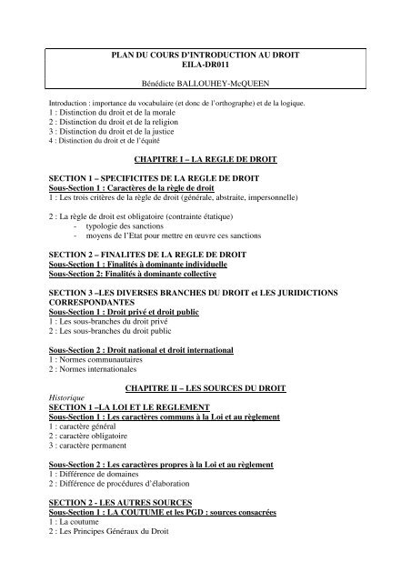 PLAN DU COURS D'INTRODUCTION AU DROIT EILA-DR011 ...
