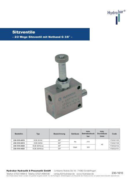 Sitzventile - Hydrobar Hydraulik & Pneumatik GmbH