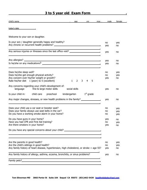 3 to 5 year old Exam Form . - Tom Silverman, MD