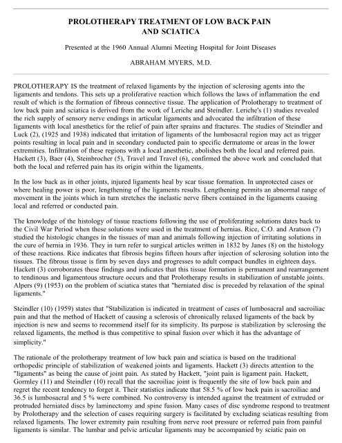 Prolotherapy Treatment of Low Back Pain and Sciatica.