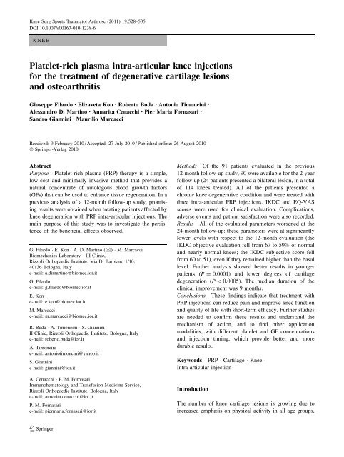 Platelet-rich plasma intra-articular knee injections for ... - Prolotherapy