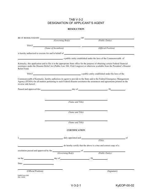 Designation of Applicant Agent Form - Kentucky Emergency ...