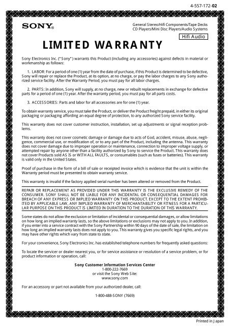 Sony SS-F6000 - Limited Warranty (US Only)