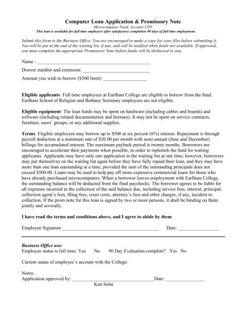 Computer Loan Application Form - Earlham College