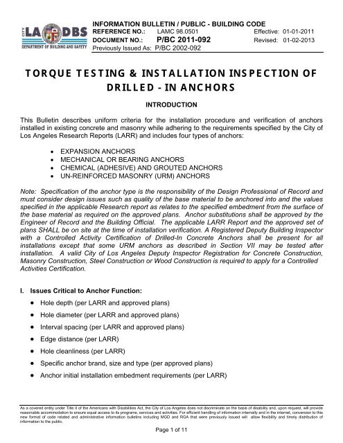 TORQUE TESTING & INSTALLATION INSPECTION OF DRILLED - IN ANCHORS