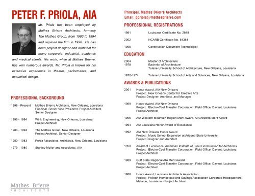 PETER F. PRIOLA, AIA - Mathes Brierre Architects
