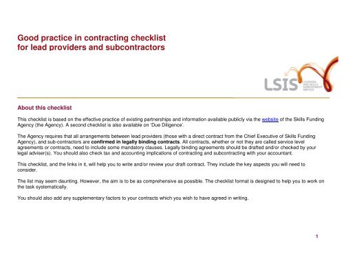 Good practice in contracting checklist for lead providers and ...