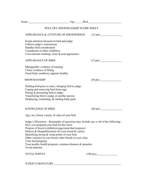 Sample Showmanship Scoring Sheet - showbirdbid