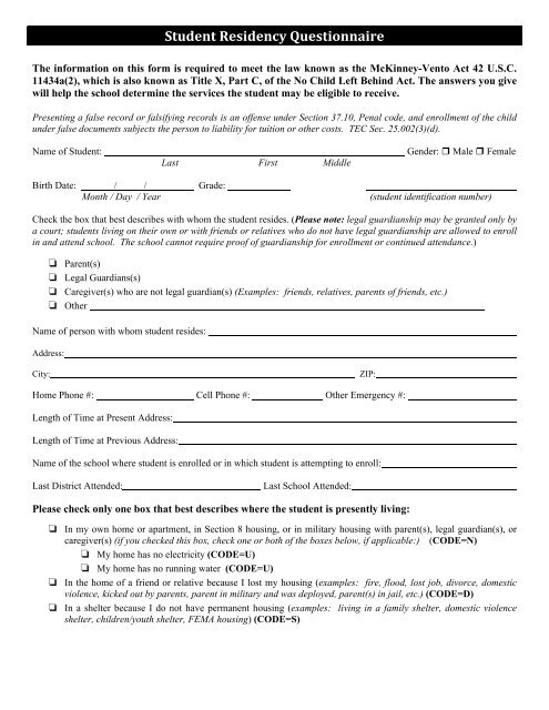 Student Residency Questionnaire - National Association for the ...