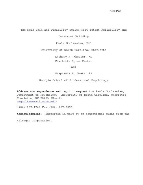 Neck Pain The Neck Pain and Disability Scale - Department of ...