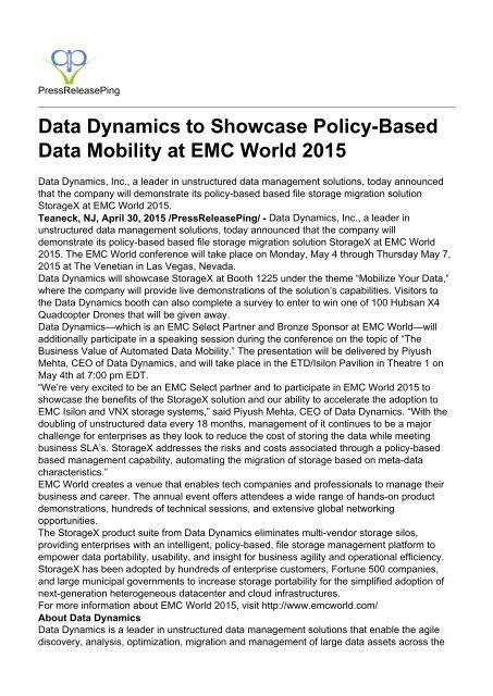 Data Dynamics to Showcase Policy-Based Data Mobility at EMC World 2015