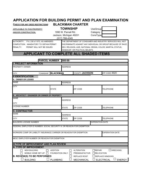 application for building permit and plan examination - Blackman ...
