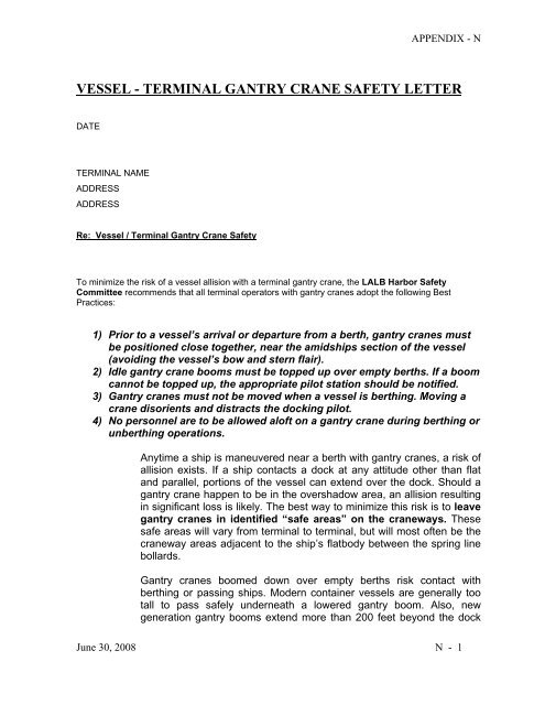 App N Vessel - Terminal Gantry Crane Safety Letter