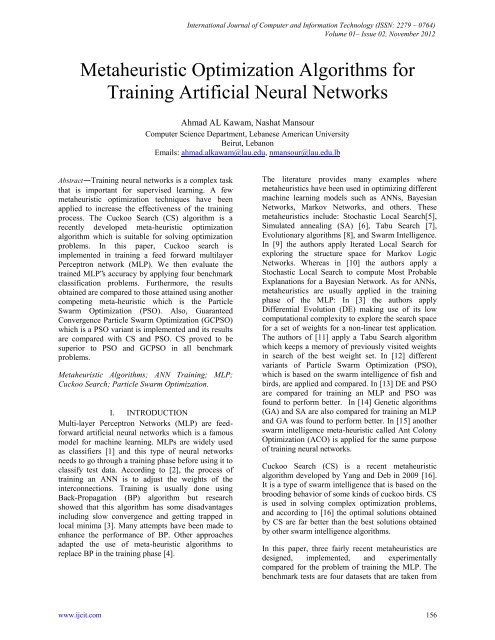 Metaheuristic Optimization Algorithms for Training Artificial ... - IJCIT